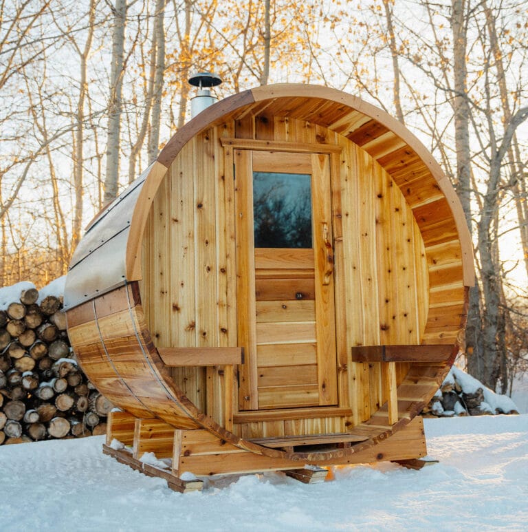 8ft Round Barrel Sauna with Porch - Copperwood Sauna